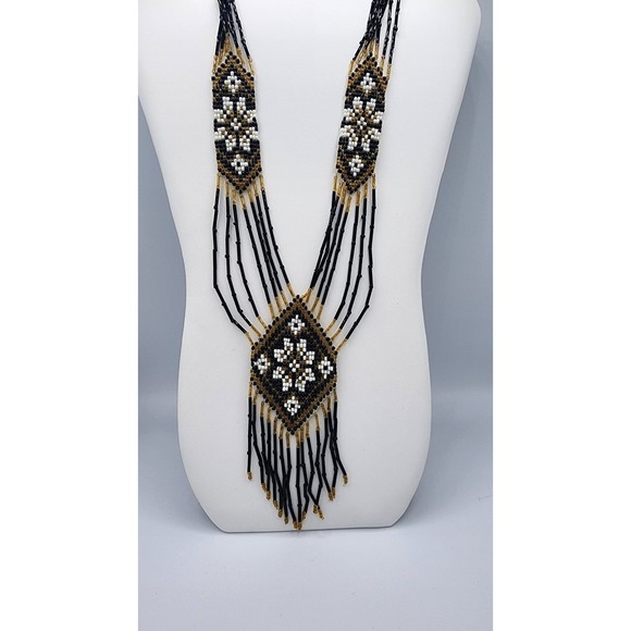 Jewelry | Vintage Loom Beaded Native Tribal Necklace Black White Gold ...